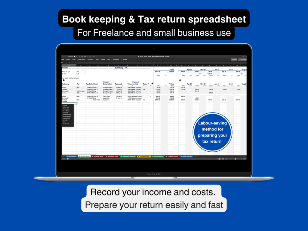 Tax return bookkeeping spreadsheet for freelancers