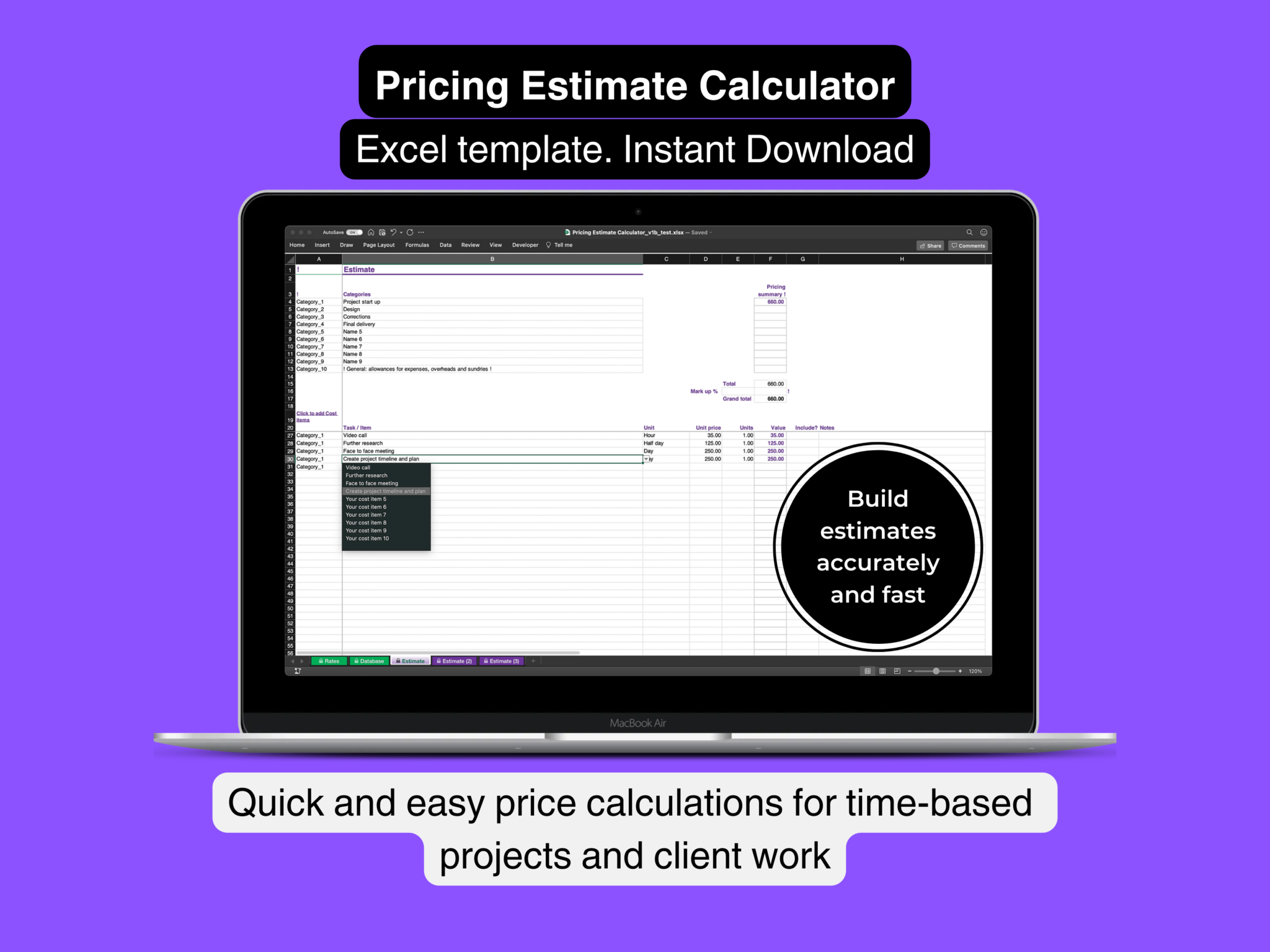 Pricing Estimate Spreadsheet for freelance client work